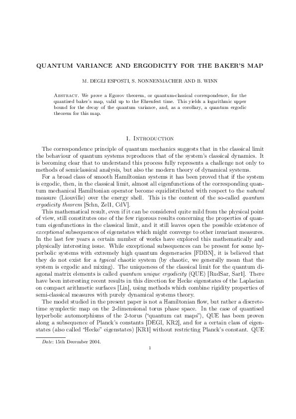 (PDF) Quantum Variance and Ergodicity for the Baker's Map