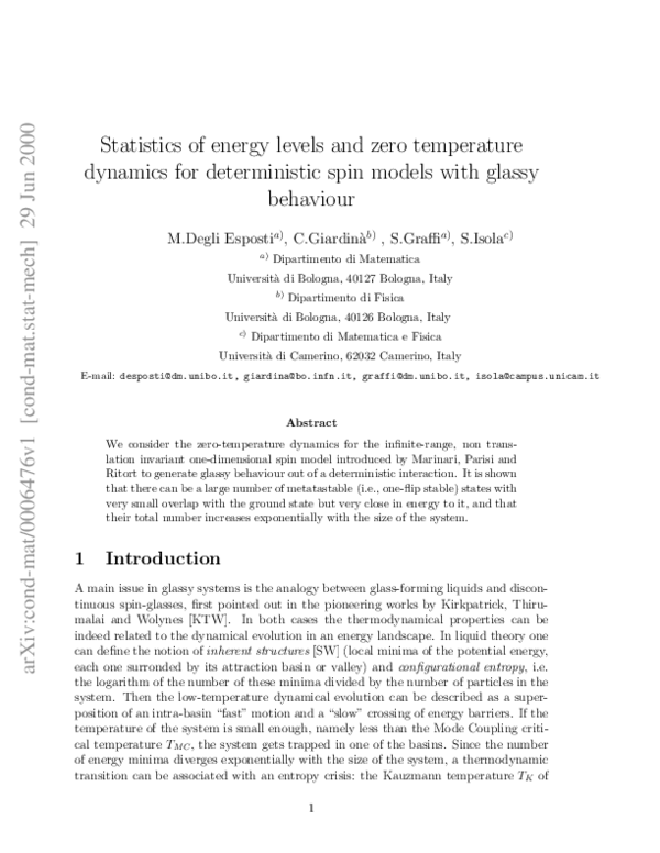 (PDF) Statistics of energy levels and zero temperature dynamics for deterministic spin models ...