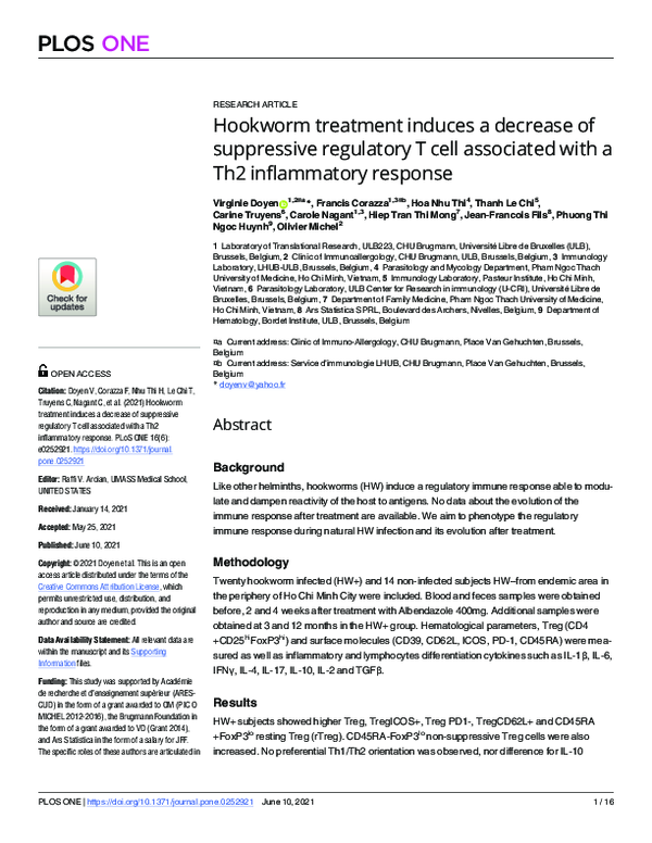 (PDF) Hookworm treatment induces a decrease of suppressive regulatory T ...