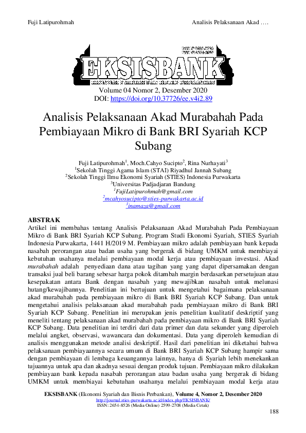 (PDF) Analisis Pelaksanaan Akad Murabahah Pada Pembiayaan Mikro di Bank BRI Syariah Kcp Subang