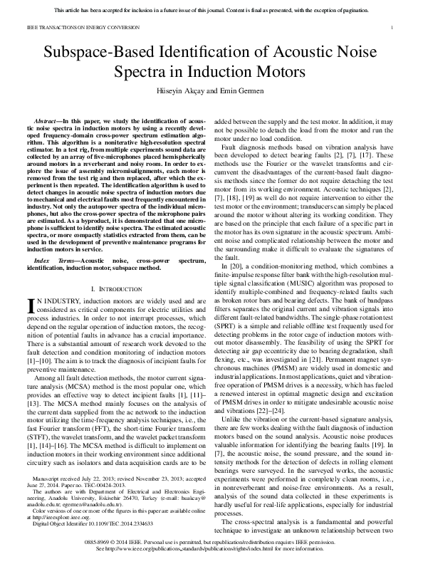 Pdf Subspace Based Identification Of Acoustic Noise Spectra In Induction Motors