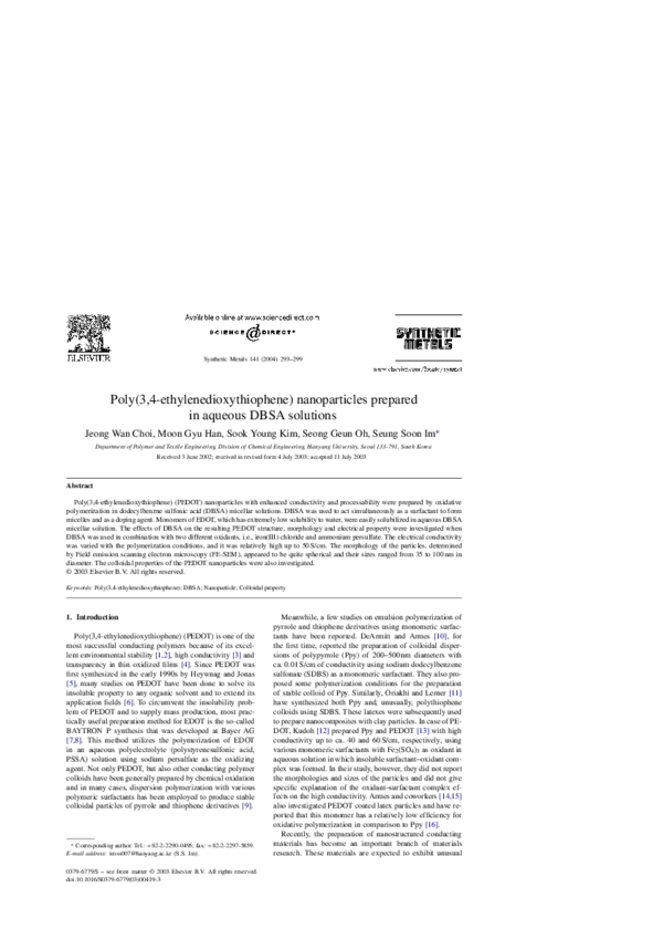 (PDF) Poly(3,4-ethylenedioxythiophene) nanoparticles prepared in aqueous DBSA solutions