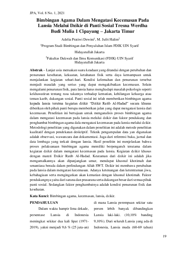 (PDF) Bimbingan Agama Dalam Mengatasi Kecemasan Pada Lansia Melalui Dzikir di Panti Sosial ...