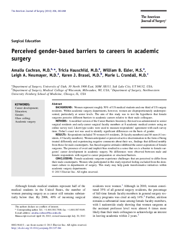 (PDF) Perceived gender-based barriers to careers in academic surgery