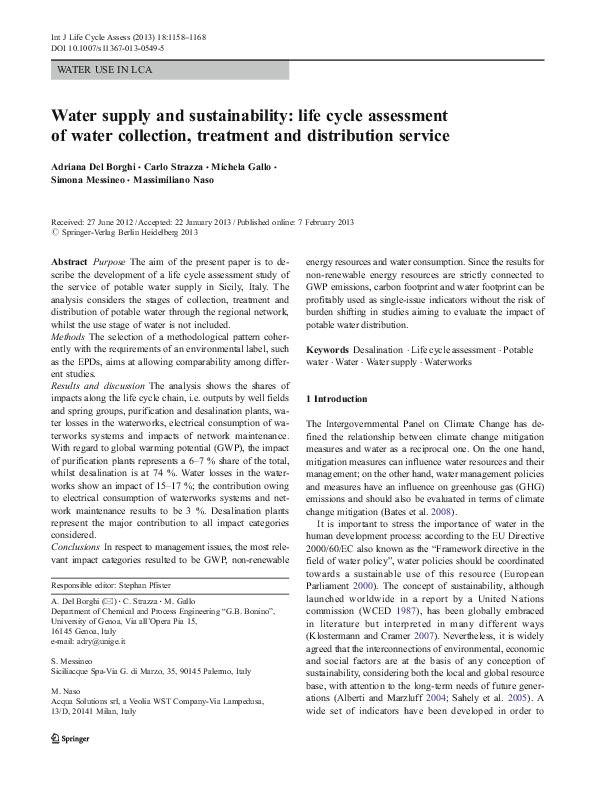 (PDF) Water supply and sustainability: life cycle assessment of water ...