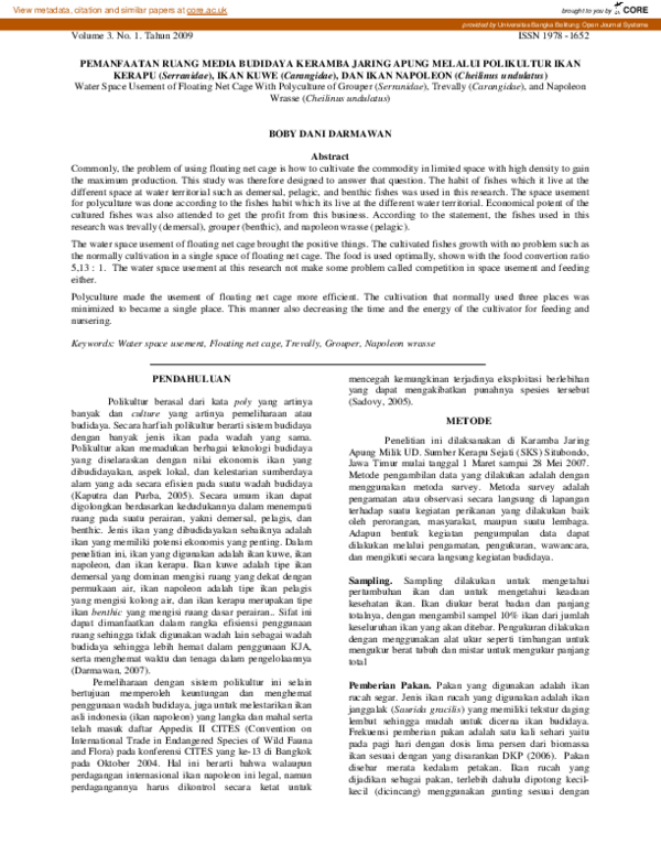 (PDF) PEMANFAATAN RUANG MEDIA BUDIDAYA KERAMBA JARING APUNG MELALUI POLIKULTUR IKAN KERAPU ...