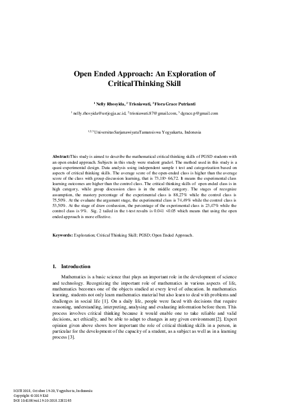 (PDF) Open Ended Approach: An Exploration of CriticalThinking Skill