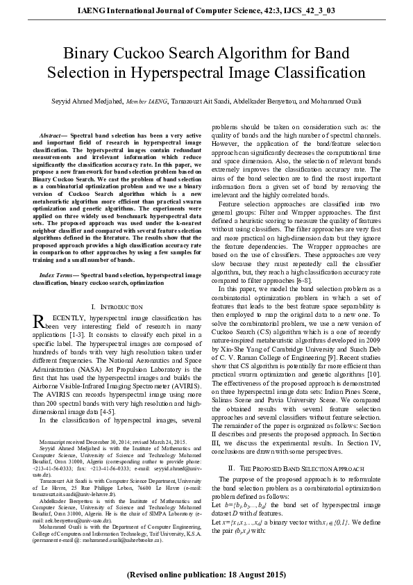 Pdf Binary Cuckoo Search Algorithm For Band Selection In