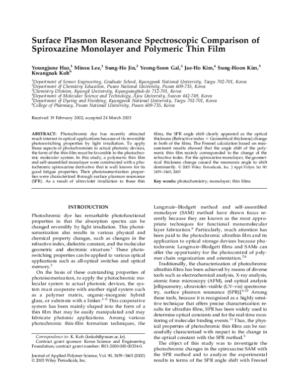 (PDF) Surface plasmon resonance spectroscopic comparison of spiroxazine monolayer and polymeric ...