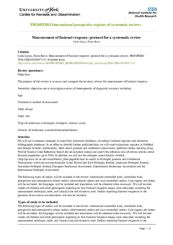 (PDF) Measurement of fusional vergence: protocol for a systematic review