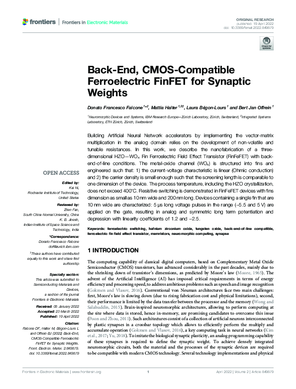 (PDF) Back-End, CMOS-Compatible Ferroelectric FinFET for Synaptic Weights