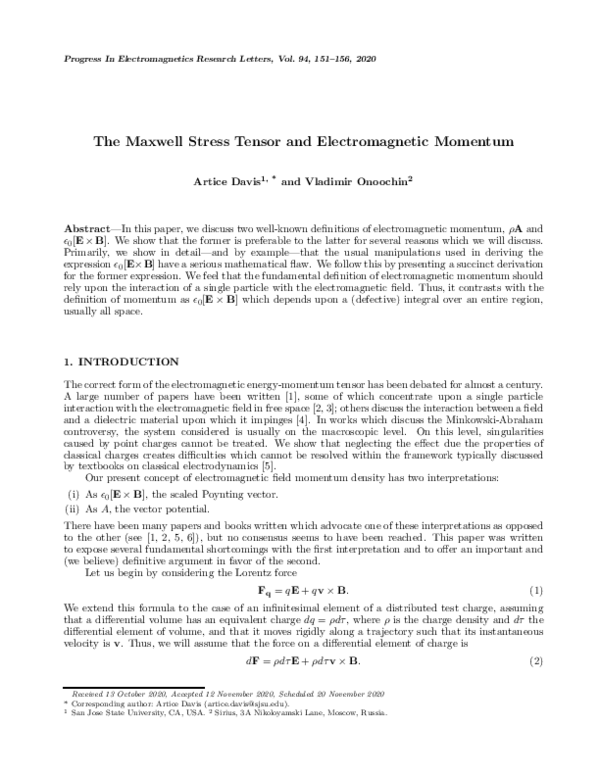 (PDF) The Maxwell Stress Tensor and Electromagnetic Momentum | Vladimir ...