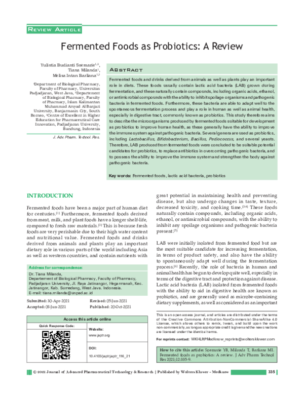 (PDF) Fermented foods as probiotics: A review