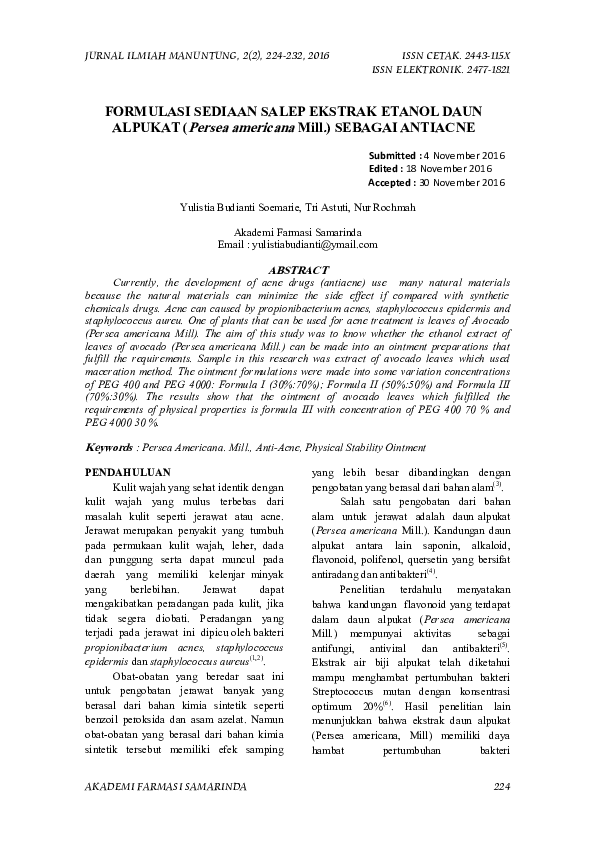 (PDF) FORMULASI SEDIAAN SALEP EKSTRAK ETANOL DAUN ALPUKAT (Persea americana Mill.) SEBAGAI ANTIACNE