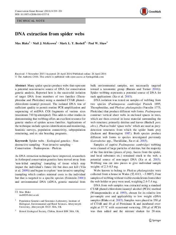 (PDF) DNA extraction from spider webs