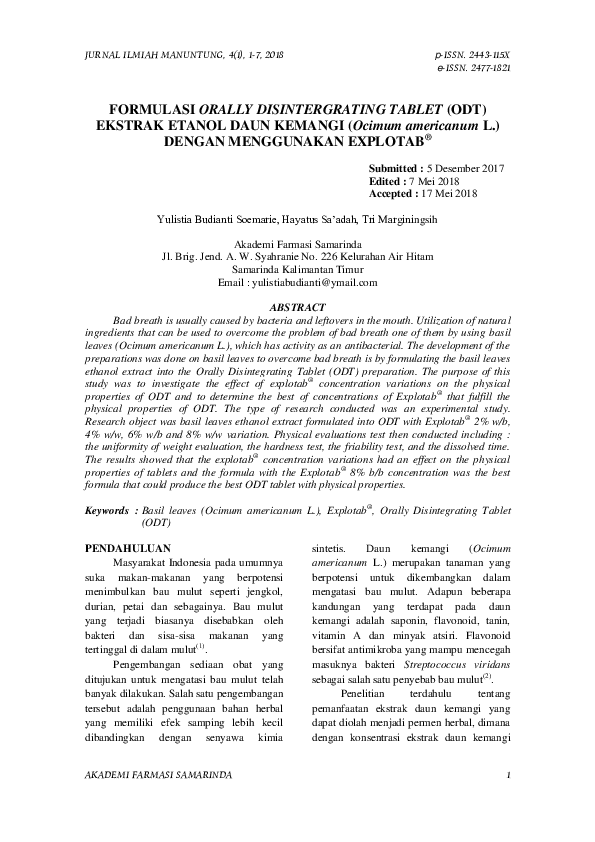 (PDF) FORMULASI ORALLY DISINTERGRATING TABLET (ODT) EKSTRAK ETANOL DAUN ...