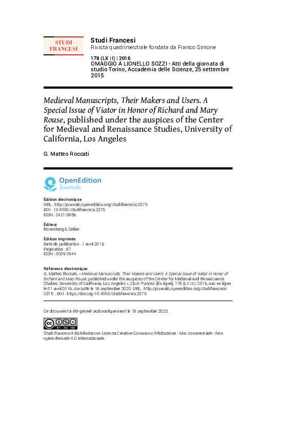 (PDF) Medieval Manuscripts, Their Makers and Users. A Special Issue of Viator in Honor of ...