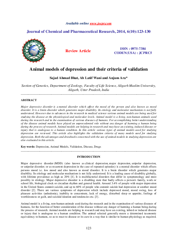 (PDF) Animal models of depression and their criteria of validation ...