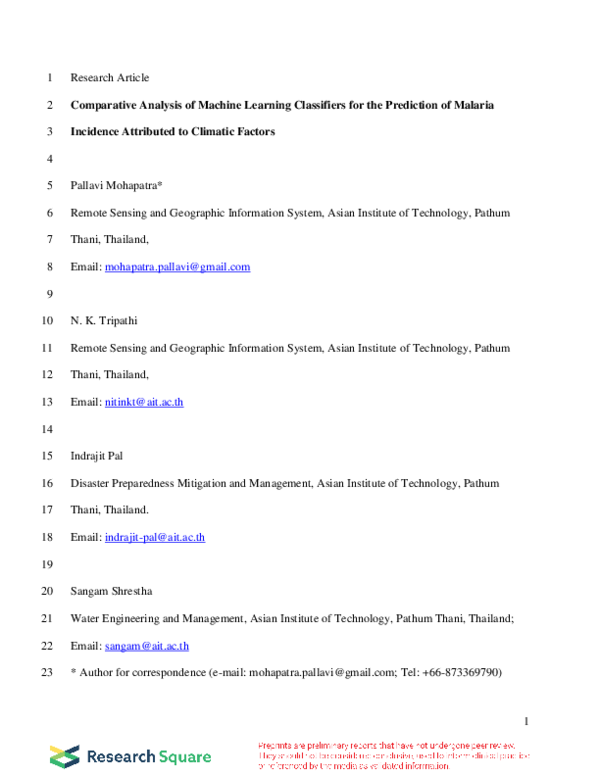 (PDF) Comparative Analysis of Machine Learning Classifiers for the Prediction of Malaria ...