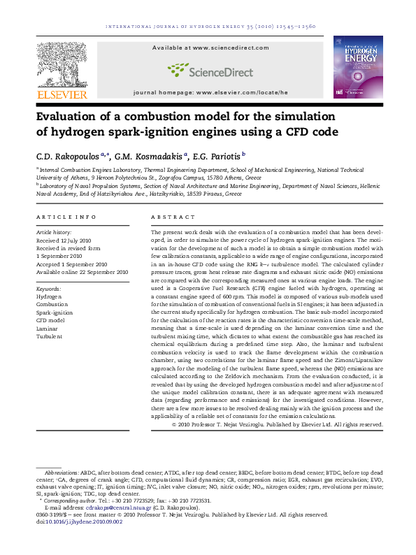 (PDF) Evaluation of a combustion model for the simulation of hydrogen spark-ignition engines ...