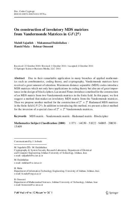 (PDF) On construction of involutory MDS matrices from Vandermonde Matrices in GF(2 q ) | mahdi ...