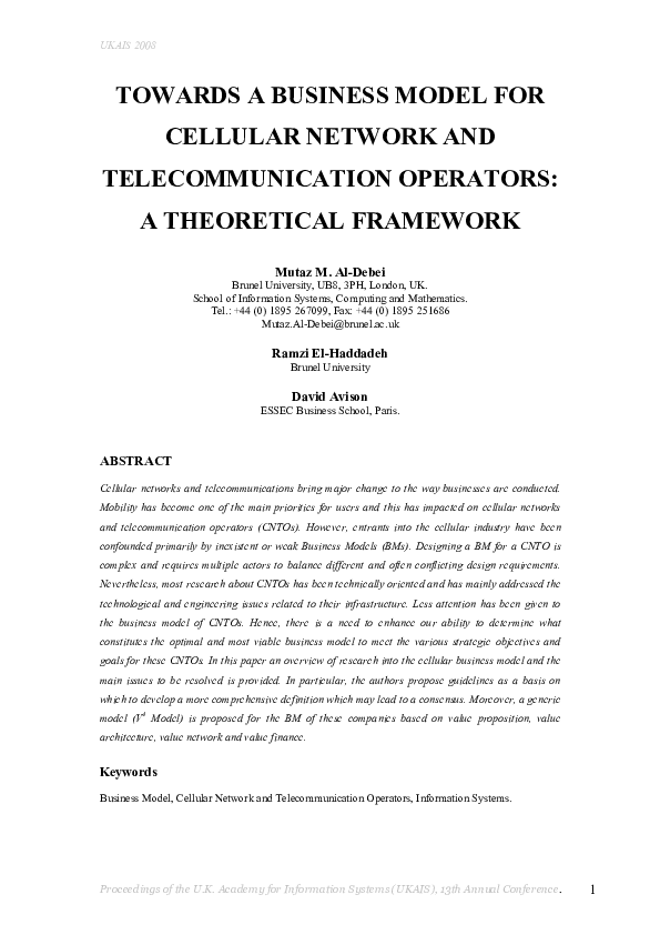 (PDF) Towards a Business Model for Cellular Network and ...