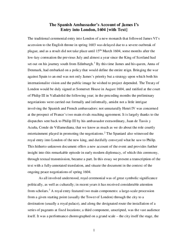 (PDF) The Spanish ambassador’s account of James I’s entry into London ...