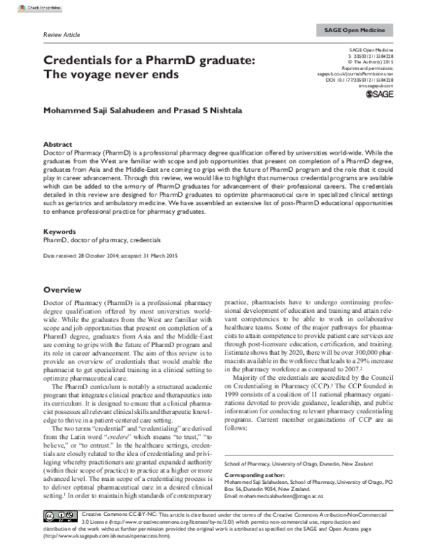 (PDF) Credentials for a PharmD graduate: The voyage never ends