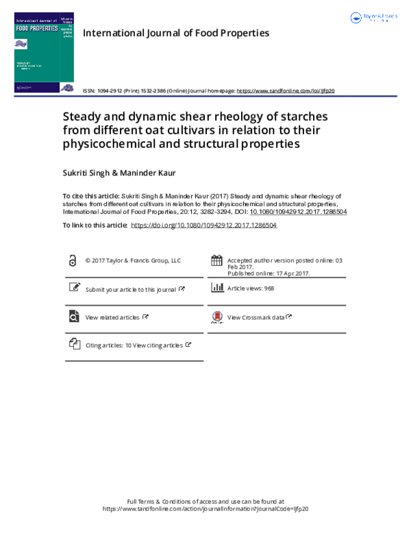 (PDF) Steady and dynamic shear rheology of starches from different oat cultivars in relation to ...