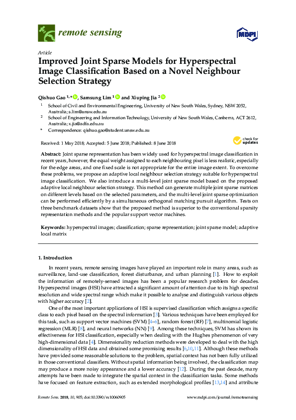 Pdf Improved Joint Sparse Models For Hyperspectral Image Classification Based On A Novel