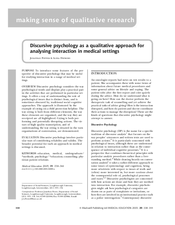 (PDF) Discursive psychology as a qualitative approach for analysing ...