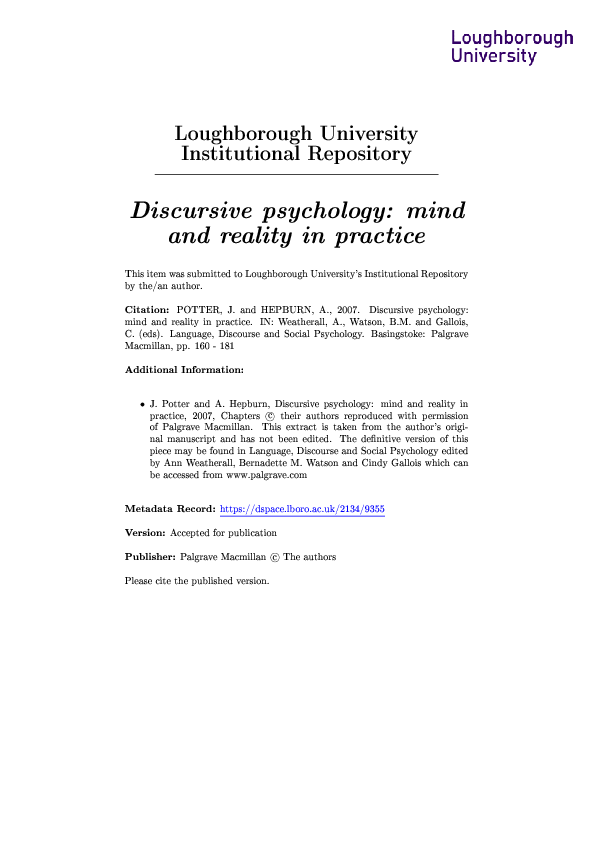 (PDF) Discursive Psychology: Mind and Reality in Practice