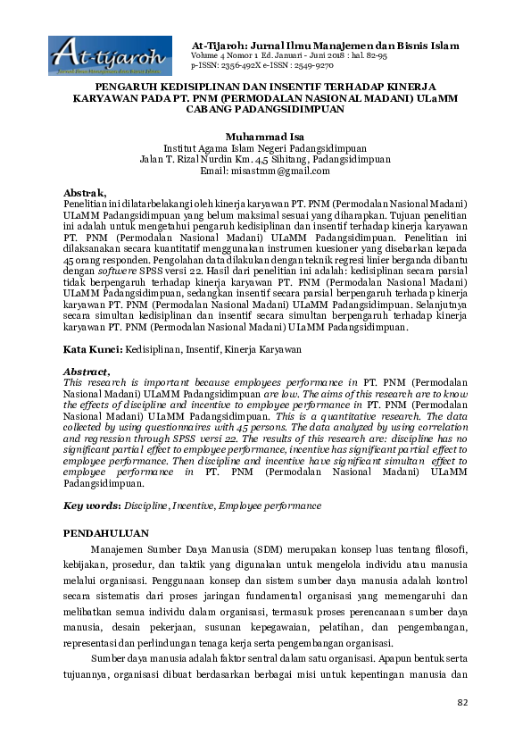 (PDF) PENGARUH KEDISIPLINAN DAN INSENTIF TERHADAP KINERJA KARYAWAN PADA ...