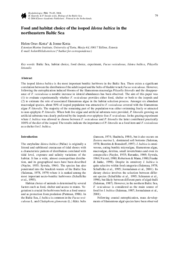(PDF) Food and habitat choice of the isopod Idotea baltica in the ...