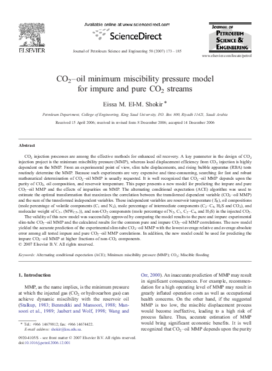 (PDF) CO2–oil minimum miscibility pressure model for impure and pure CO2 streams