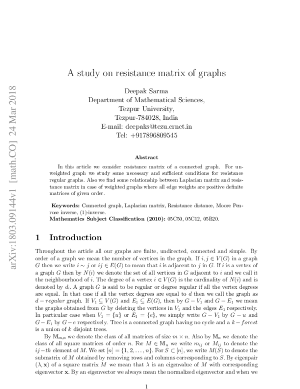 (PDF) A study on resistance matrix of graphs