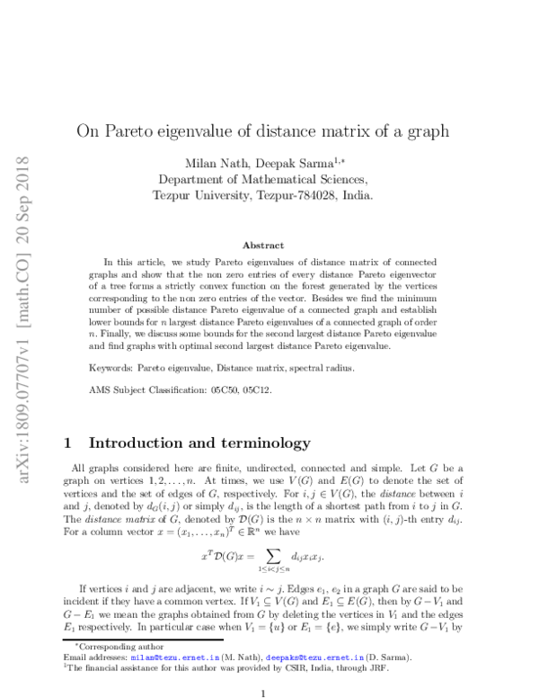 (PDF) On Pareto eigenvalue of distance matrix of a graph