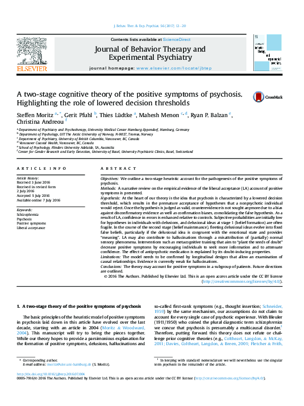 (PDF) A two-stage cognitive theory of the positive symptoms of ...