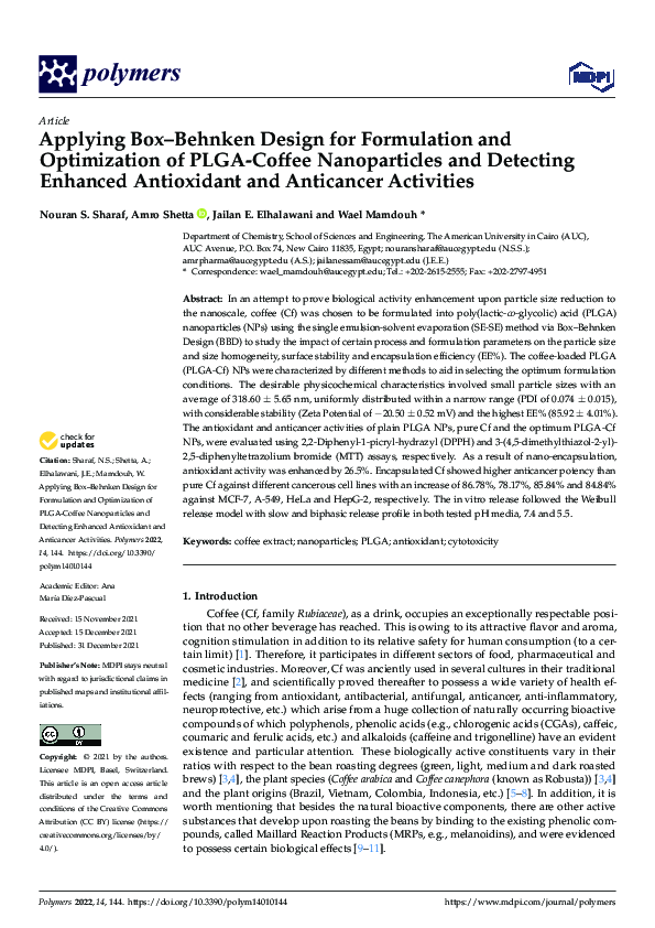 (PDF) Applying Box–Behnken Design for Formulation and Optimization of PLGA-Coffee Nanoparticles ...