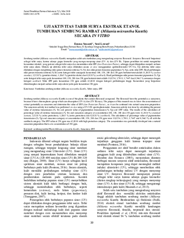 (PDF) UJI AKTIVITAS TABIR SURYA EKSTRAK ETANOL TUMBUHAN SEMBUNG RAMBAT ...