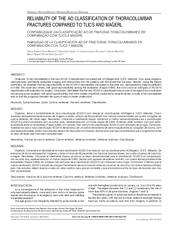 (PDF) Reliability of the Ao Classification of Thoracolumbar Fractures ...