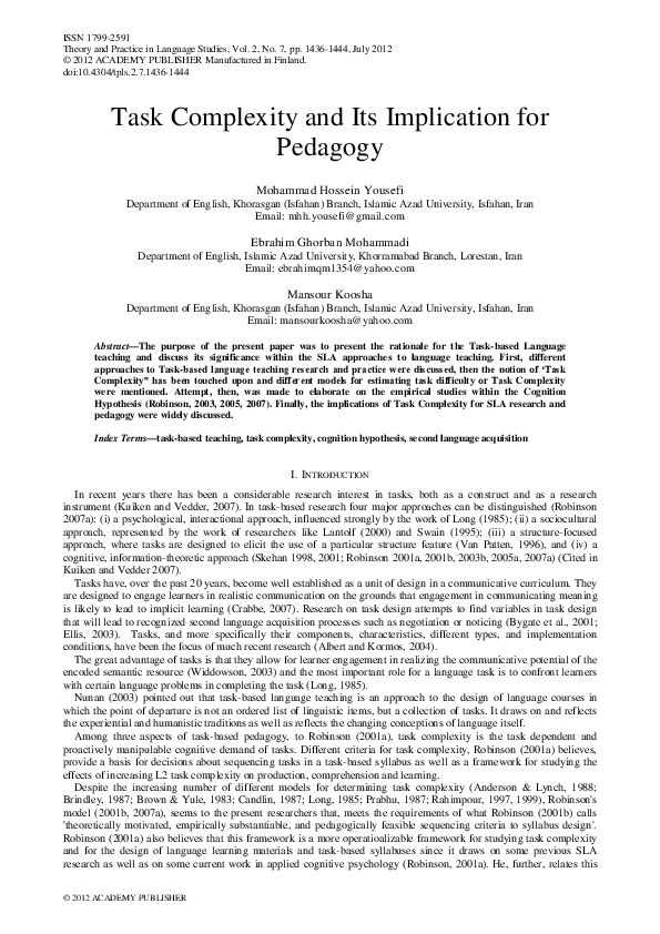 (PDF) Task Complexity and Its Implication for Pedagogy