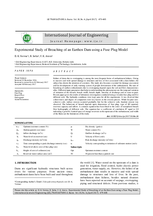(PDF) Experimental Study of Breaching of an Earthen Dam using a Fuse ...