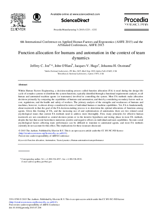 (PDF) Function Allocation for Humans and Automation in the Context of Team Dynamics