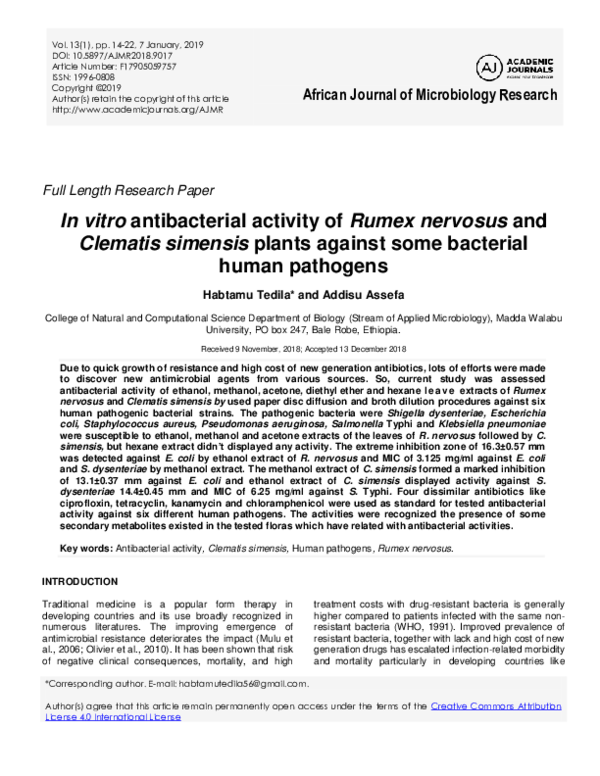 (PDF) Antibacterial Activity of Rumex nervosus and Clematis simensis