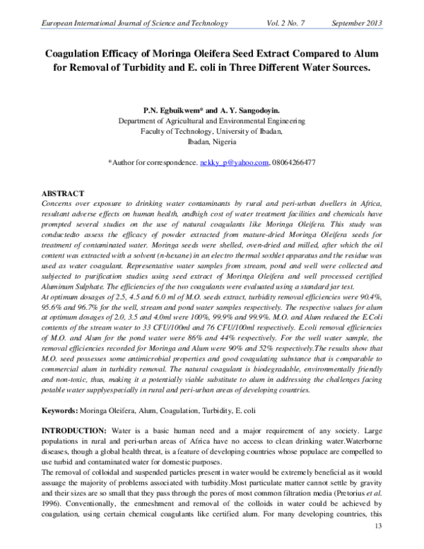 (PDF) Coagulation Efficacy of Moringa Oleifera Seed Extract Compared to Alum for Removal of ...