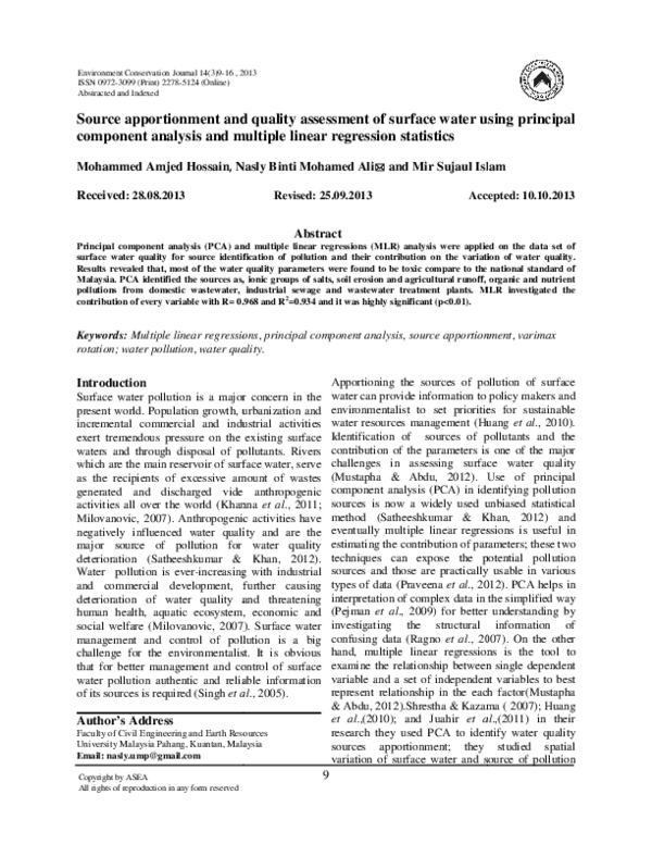 (PDF) Source apportionment and quality assessment of surface water using principal component ...
