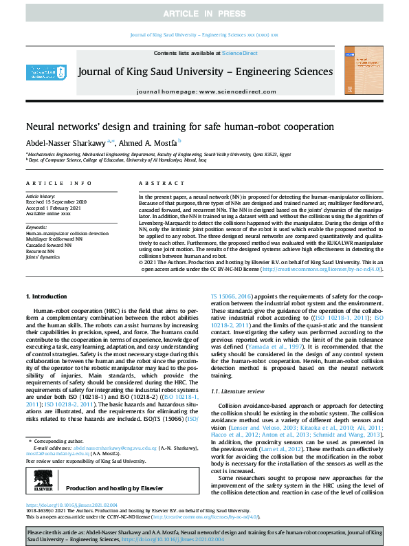(PDF) Neural networks’ design and training for safe human-robot cooperation