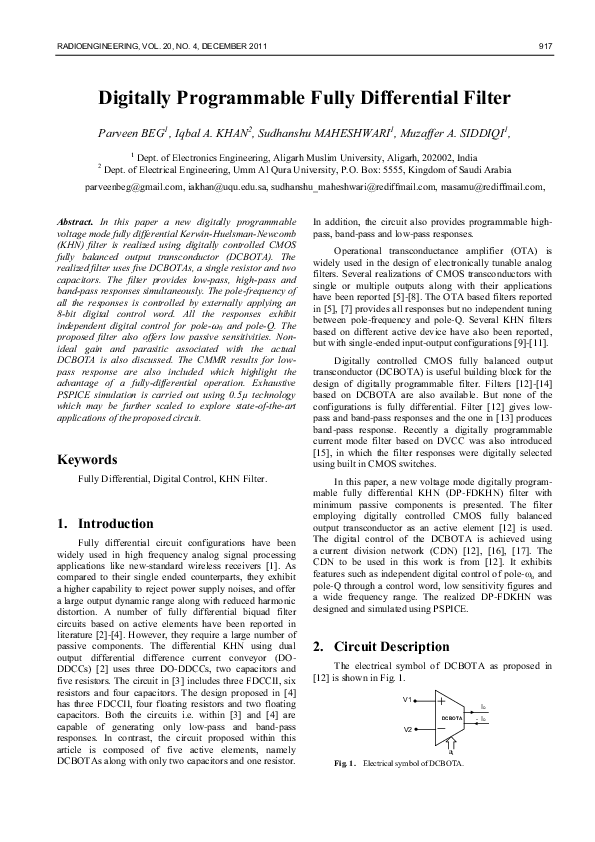 (PDF) Digitally Programmable Fully Differential Filter
