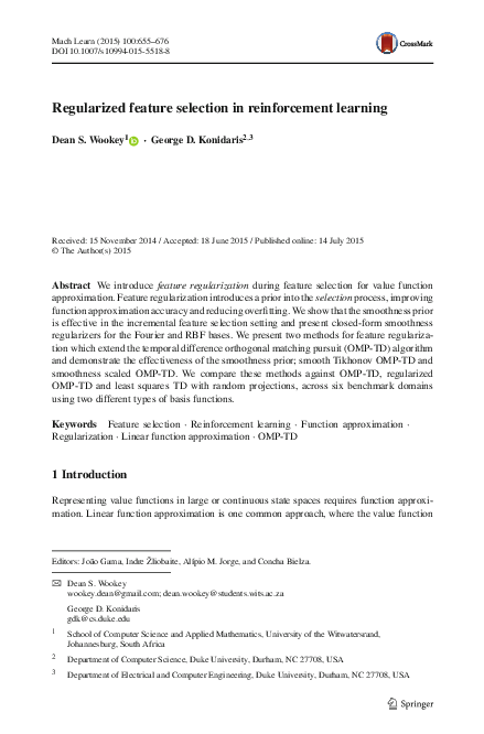 (PDF) Regularized feature selection in reinforcement learning